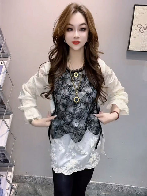 European-style two-piece spliced lace T-shirt for women 24 winter ...