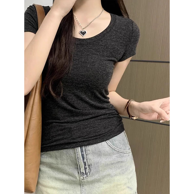 Lazy style, slightly translucent, u-neck, solid color, shoulder short ...