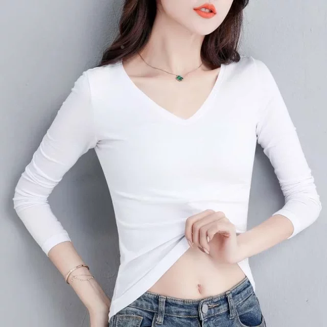 Pure cotton big red V -neck base shirt female long -sleeved 2024 spring ...