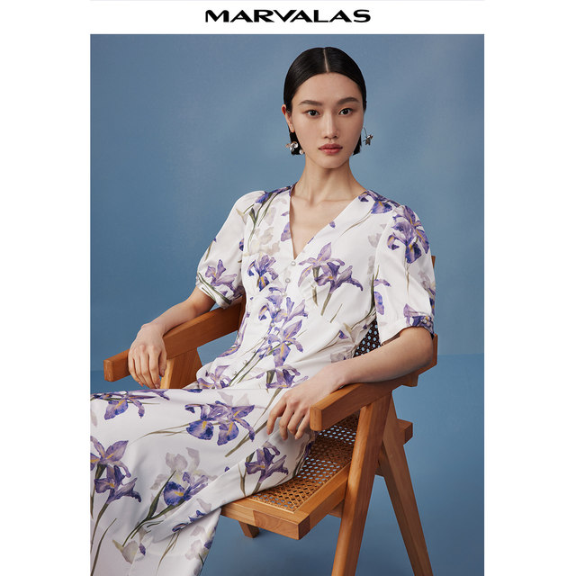 Mande Shi retro V -neck dress 2024 Summer new short -sleeved waist ...