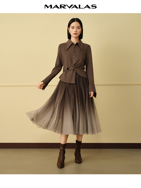 Mandesy spliced mesh dress 2025 spring new retro gradient color skirt ...