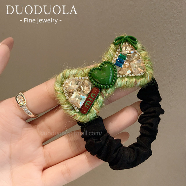 2025 new green love wool bow hair rope high-quality rubber band high ...