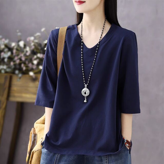 White seven -point sleeve T -shirt Ms. 2024 Summer Simple Simple Zen ...