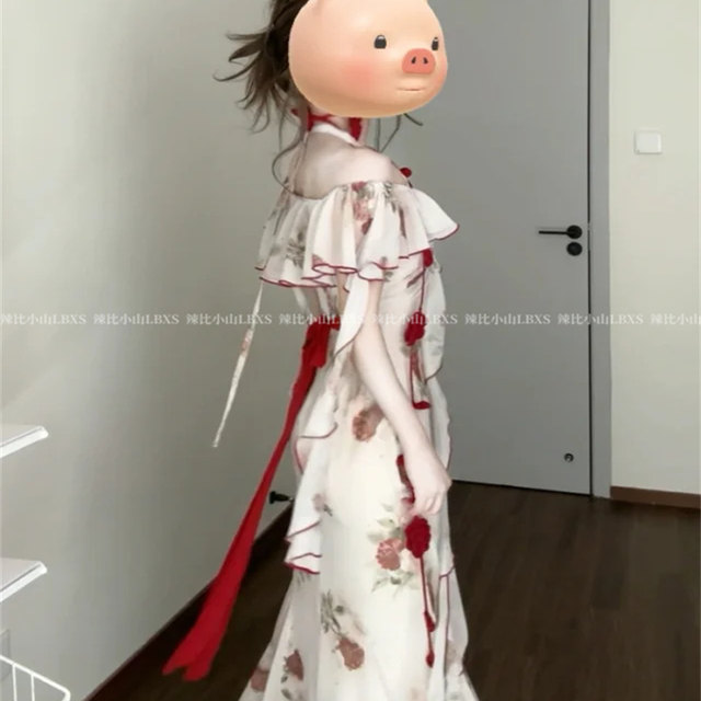 French retro temperament floral one-shoulder streamer dress for women ...