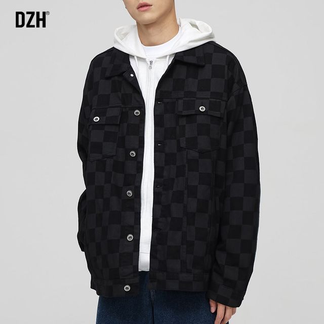 Men's Black Chess Board Glustion Jacket Men's Autumn Trend Bargaining ...