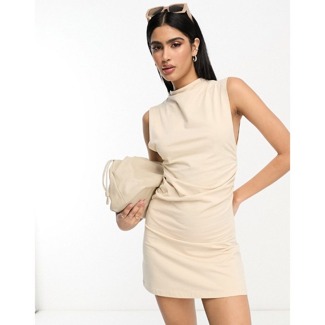 ASOS women's design bateau neck mini side pleated stone color dress is ...
