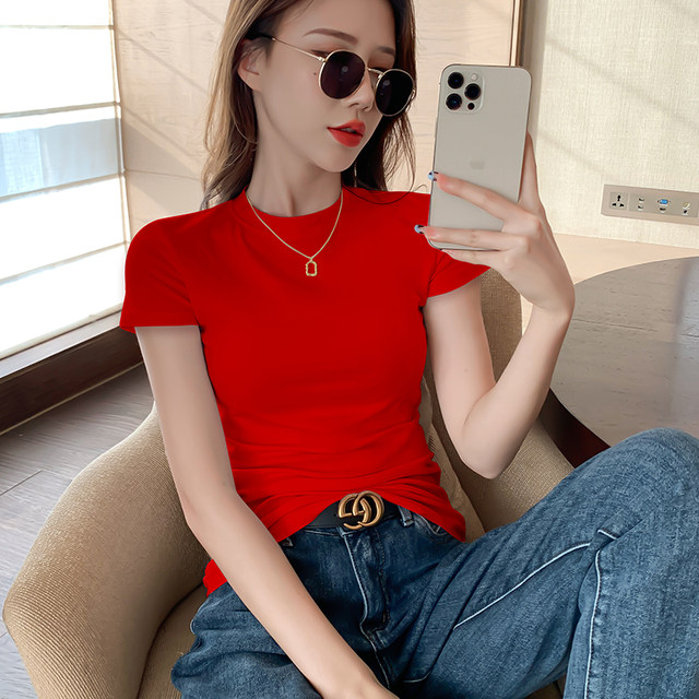 Red Short-Sleeved T-Shirt for Women 2023 Spring and Summer New Slim Fit ...