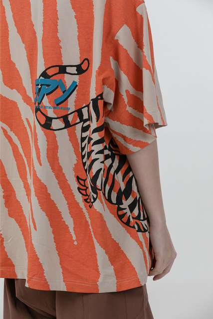 ERRORCODE creative printed short-sleeved orange tiger print top half-sleeved loose street round ...