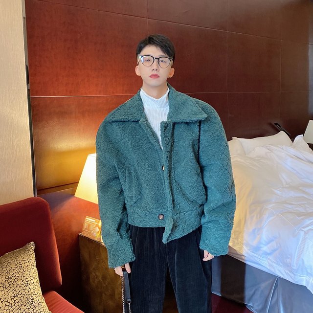 Chen Dafu lamb wool ins style diamond warm jacket men's winter retro ...