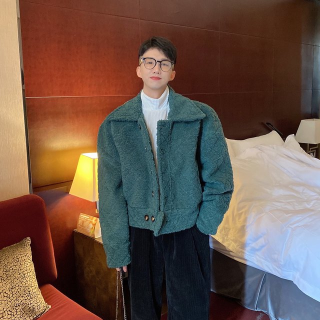 Chen Dafu lamb wool ins style diamond warm jacket for men winter retro ...