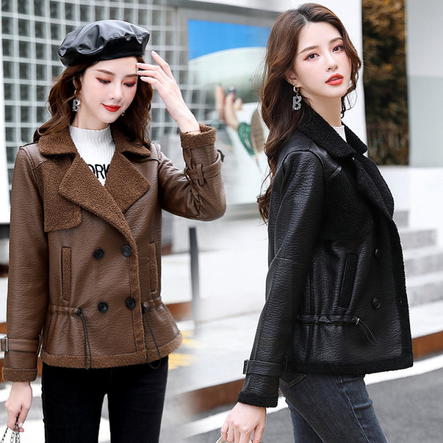 Velvet thickened small leather jacket women's 2023 winter short ...