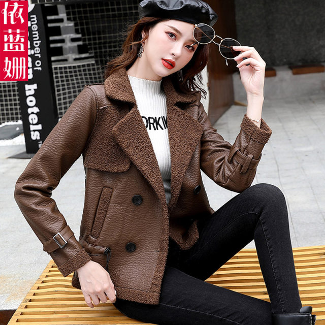Velvet thickened small leather jacket women's 2023 winter short ...
