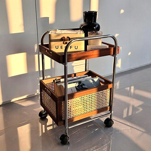 Solid wood movable side table storage second-hand trolley living room ...