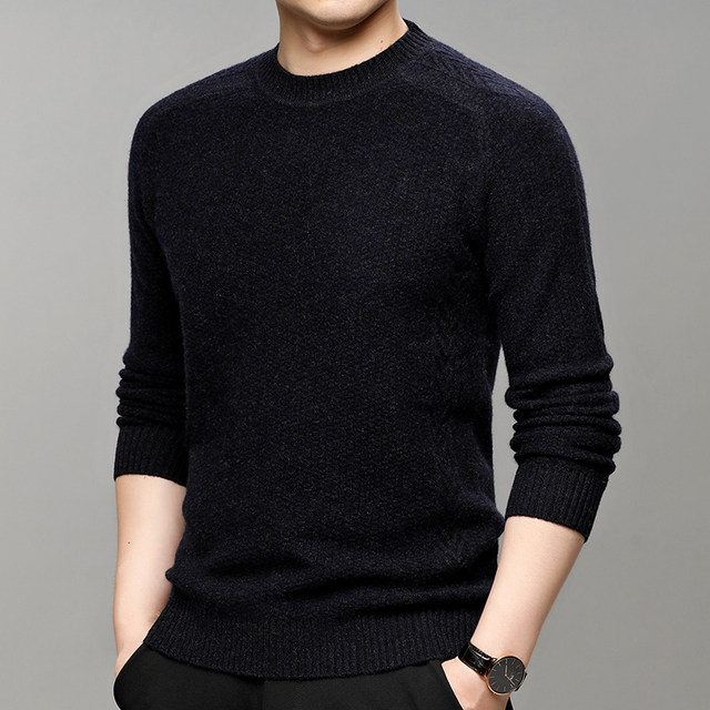 100% pure wool sweater autumn and winter men's round neck solid color ...