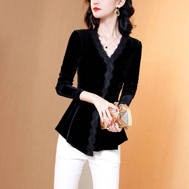Autumn and winter black gold velvet top for women 2025 new V-neck ...