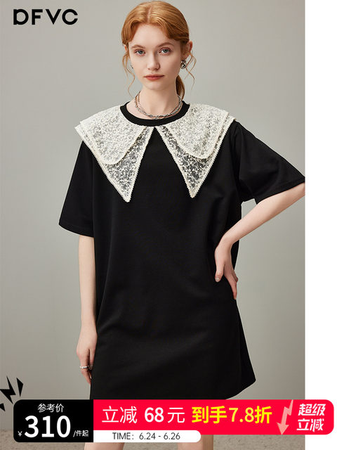 dfvc black doll collar short-sleeved T-shirt dress for women 2025 ...