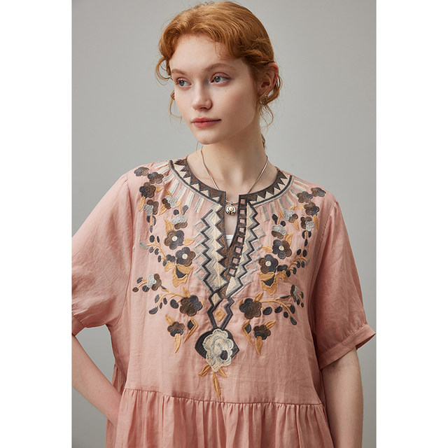 DFVC retro ethnic wind embroidery shirt dress 2024 new summer ramie V ...