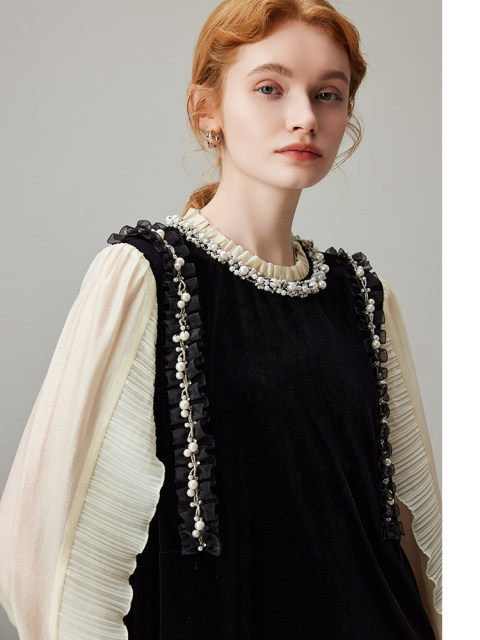 dfvc fake two-piece velvet dress for women 2025 spring new style beaded ...