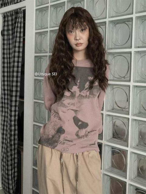 Unique Sei Street Retro Niche Abstract Print Casual Loose Versatile ...