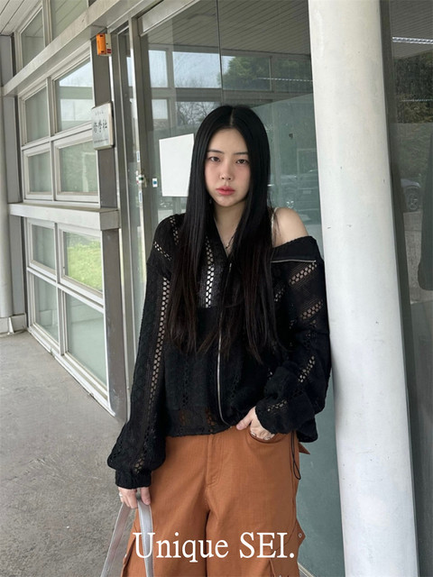 Unique sei street personality hollow retro pattern casual lazy hooded connected knitted sweater ...