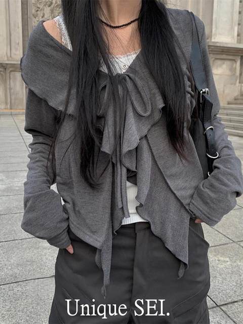 Unique SEI retro Korean style personalized gray ruffle lace-up ...