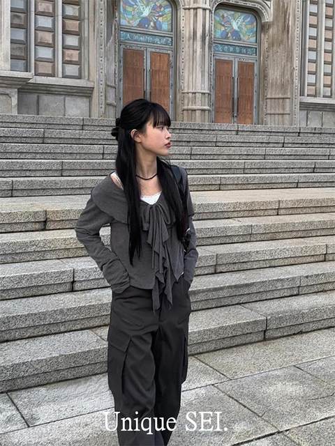 Unique SEI retro Korean style personalized gray ruffle lace-up ...