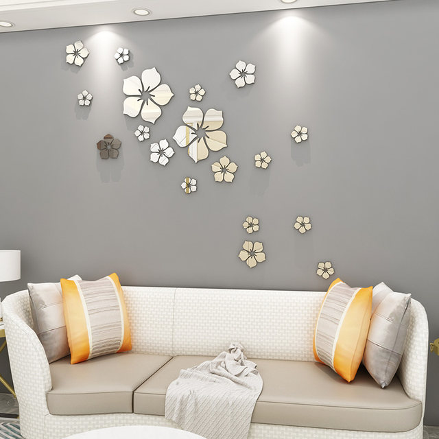 Silver mirror flower three-dimensional wall sticker living room sofa TV ...