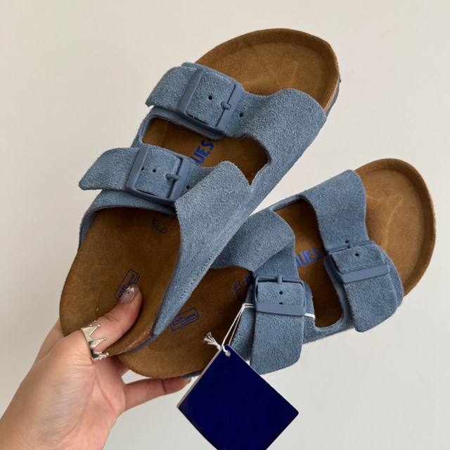 Real cowhide ~ haze blue Birken Slippers for women in summer 2024 new ...