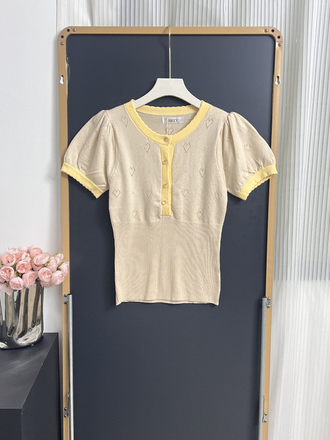 SHZY Sweetheart Pudding Hollow Lace French Round Neck Knitted Bubble ...