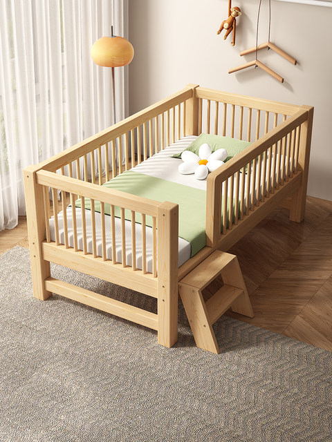 Solid wood children's crib with guardrail splicing large bed widened ...