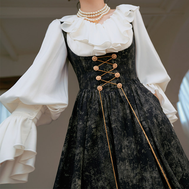 Mi Ai Original The court retro chest beam belt tie dyed cotton strap dress