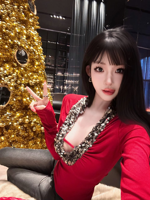 Eva Junjun Jiang hot girl sexy sequin u neck tight stretch red long-sleeved T-shirt temperament ...