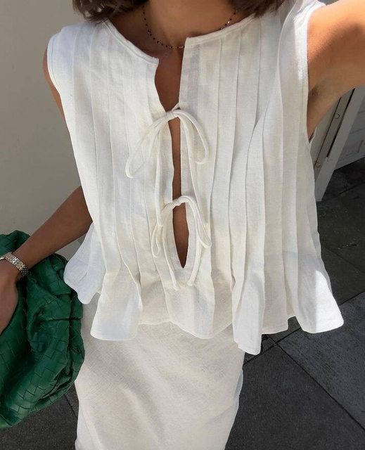 Cotton and linen strap top pleated strap layered vest vest women's ...