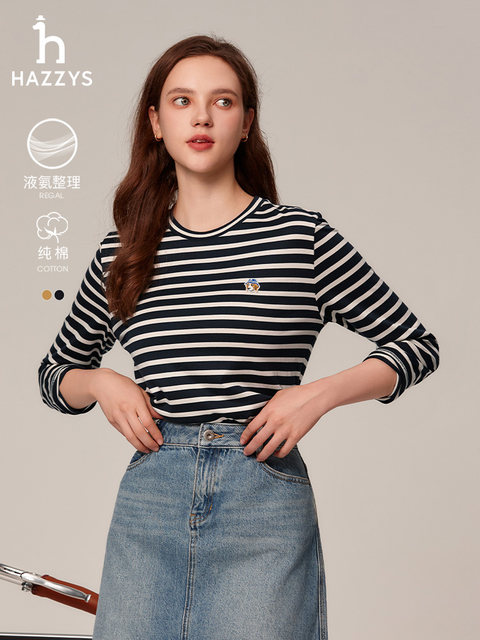 Hazzys Hazzys Autumn and Winter Women's Striped Long Sleeve T-shirt Casual Korean Top Women