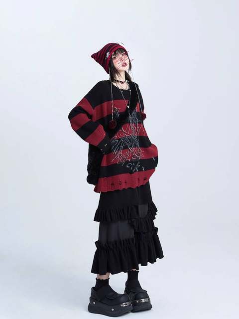 11shop97 knitted lazy wind sweater female autumn and winter stripes broken hole American street ...