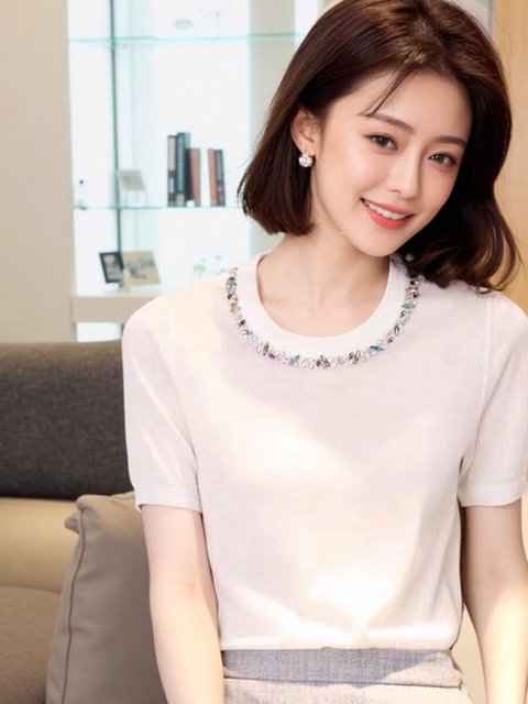 2025 summer new versatile bead round neck top Tensil sweater Short ...