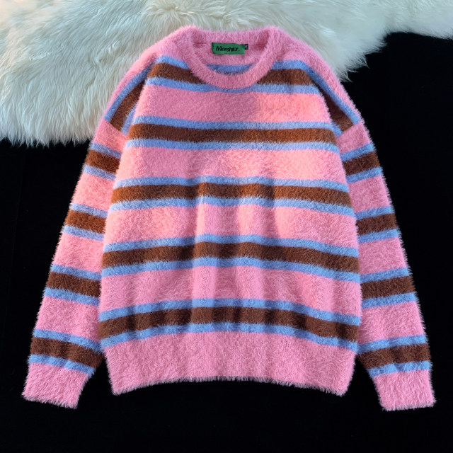 JIANYINZ soft and gentle pink striped lazy style sweater for men and ...