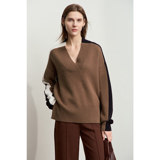 Amii2024 new winter style commuting contrasting color stitching V-neck ...