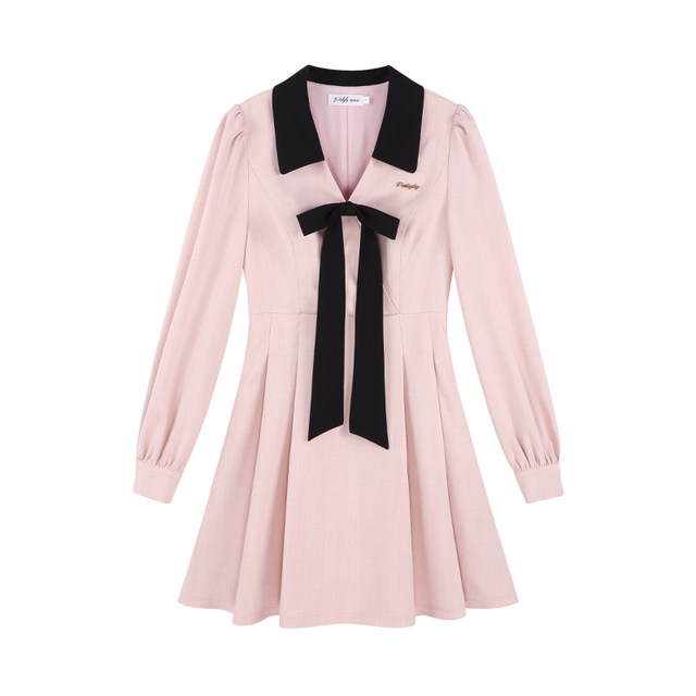 French sweet pink V -neck long sleeve dress female autumn high -level sensory temperament waist ...