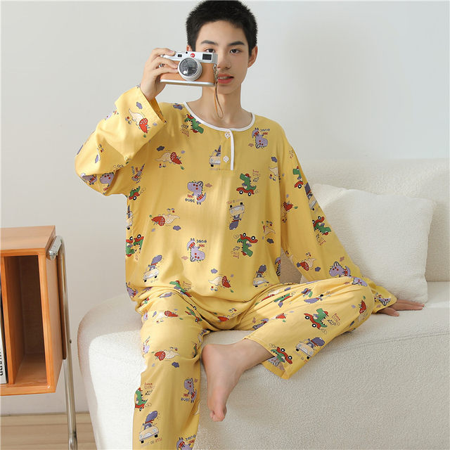 Youth cotton and silk pajamas boys in summer thin long sleeves long ...