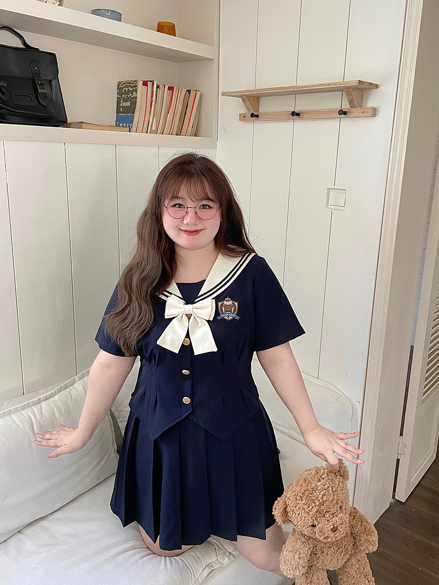 LT STUDIO Spicy Strip Large Size Summer Slightly Fat Navy Collar Dress ...