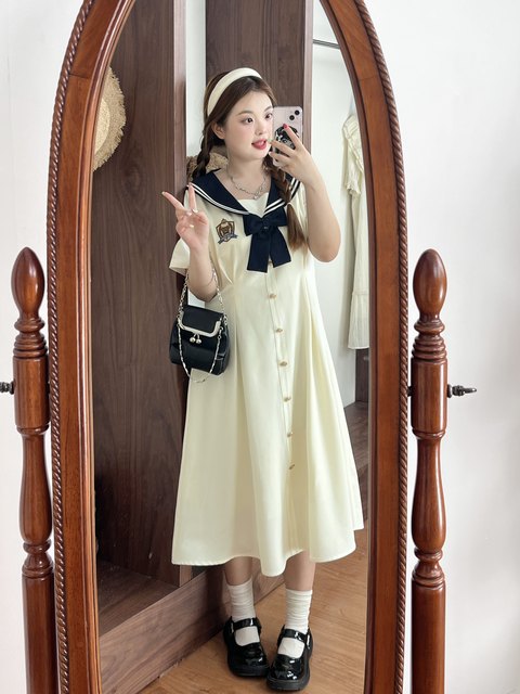 LT STUDIO Spicy Strip Large Size Summer Slightly Fat Navy Collar Dress ...