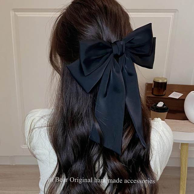 Time Lover Satin Big Bow Headdress Spring Clip High-end Black Back Hair ...