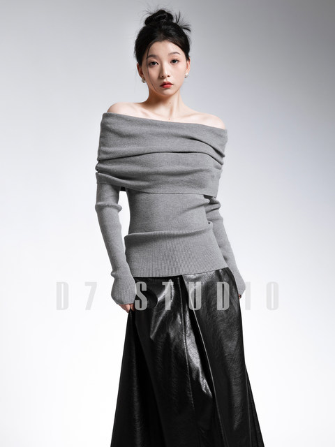 French one-shoulder pile-collar sweater for women with off-shoulder ...