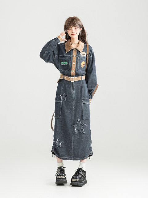 KEIKO [Embroidery Mark] Retro style thin denim dress with workwear 25 ...