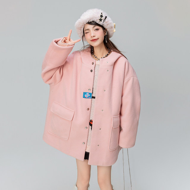 KEIKO [Padding] Rabbit Ears Hooded Woolen Jacket Winter Girly Rose Pink ...