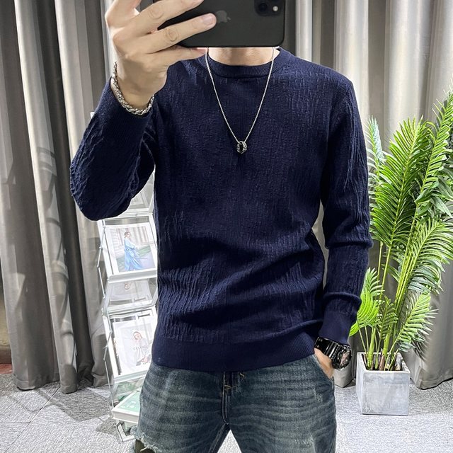 Solid color men's sweater autumn and winter new slim round neck trendy ...