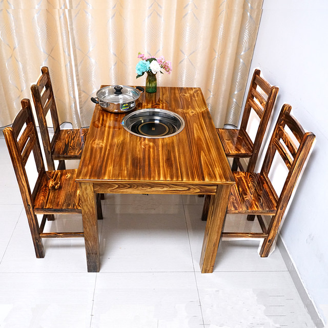 Solid wood hot pot table, induction cooker integrated commercial hotel ...