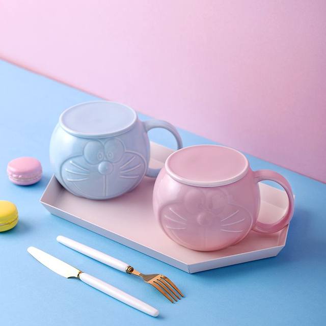 Doraemon cup female cute ceramic with lid student jingle cat mug blue ...