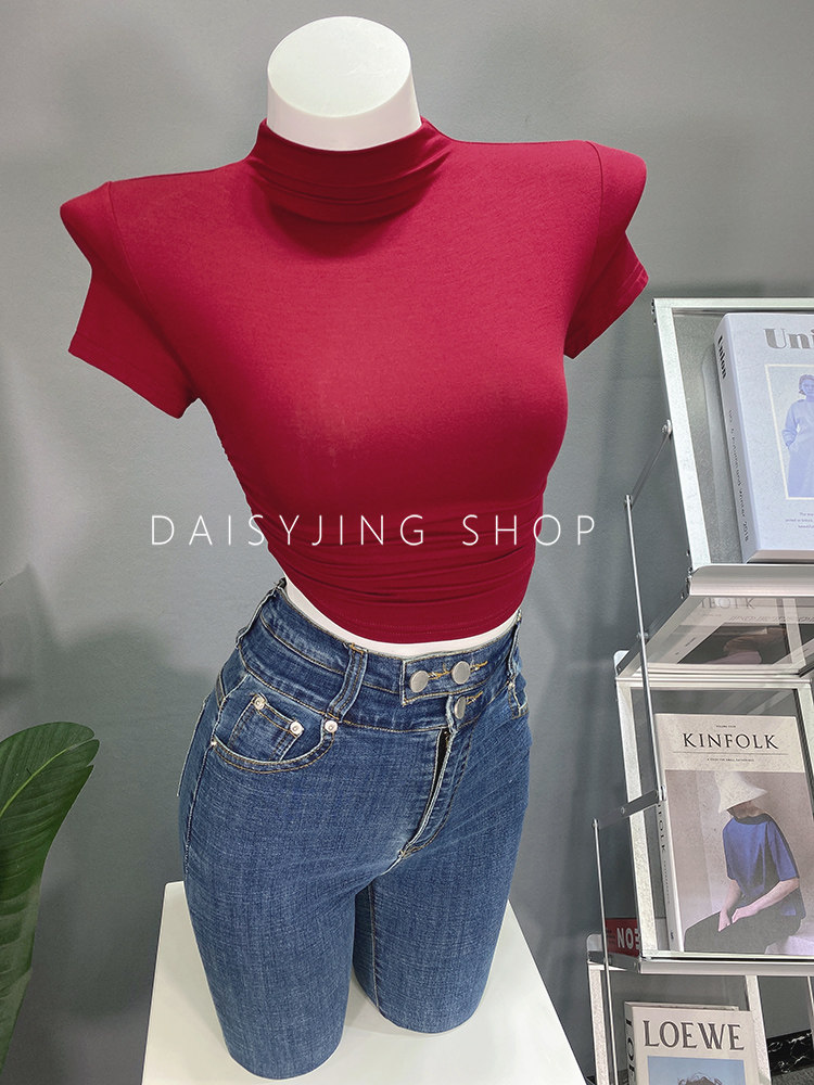 DAISYJING2024 new sexy tight half turtleneck pleated short navel ...